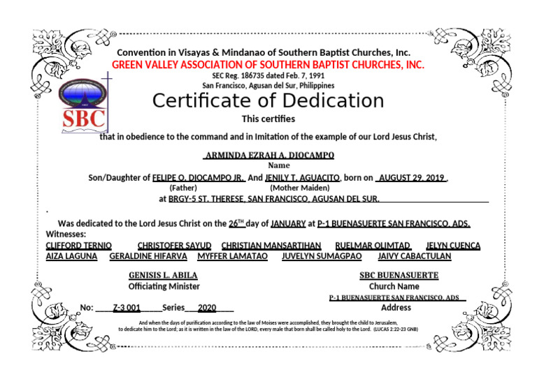 Dedication Certificate for Arminda Dio Campo | PDF