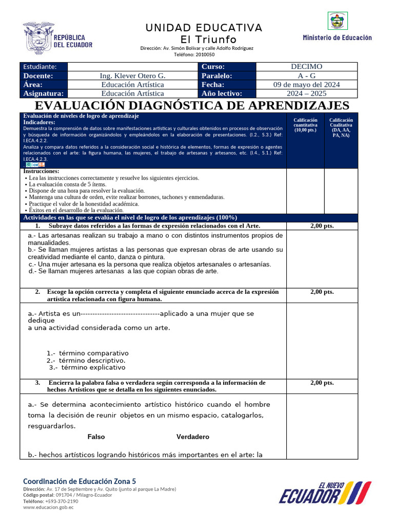 Eval. Diagnóstica de Eca. Decimo - 2024-2025 | PDF