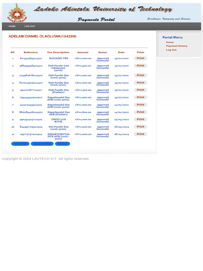 LAUTECH - Payments Portal Transaction History | PDF