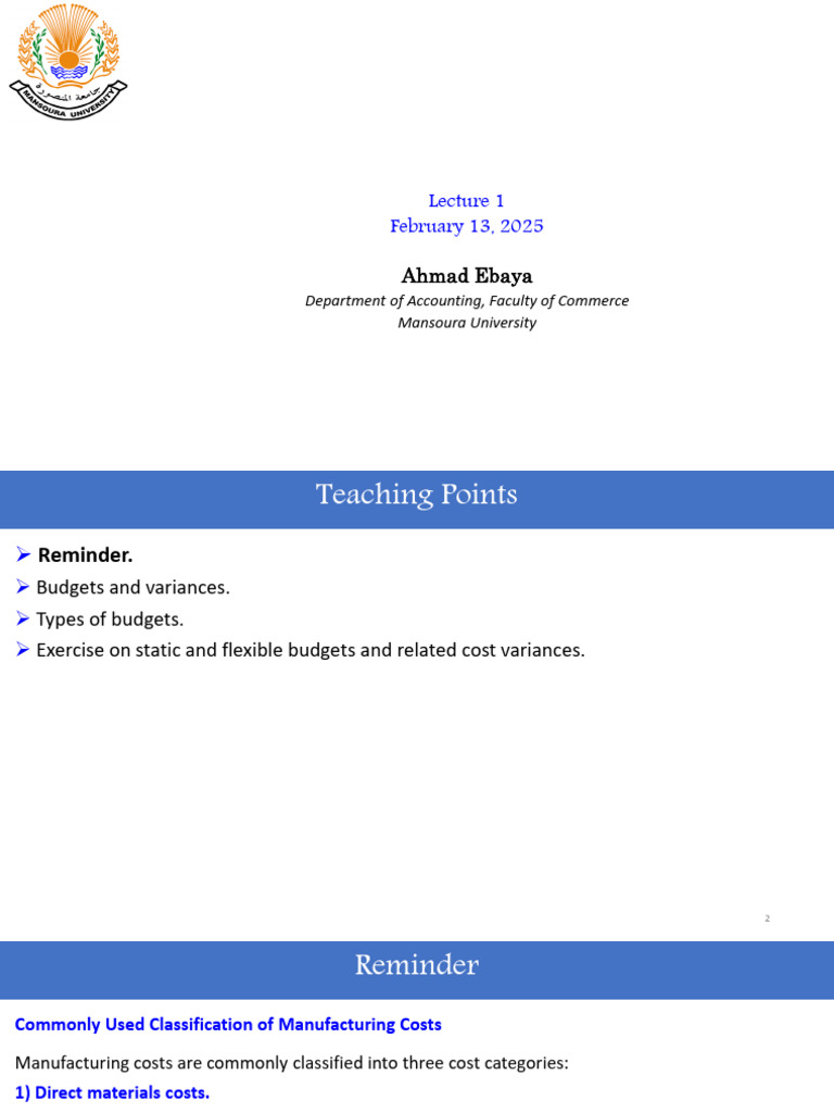 Lecture1 Cost 4thgrade 2ndsemester 2024-2025 | PDF | Budget | Cost ...