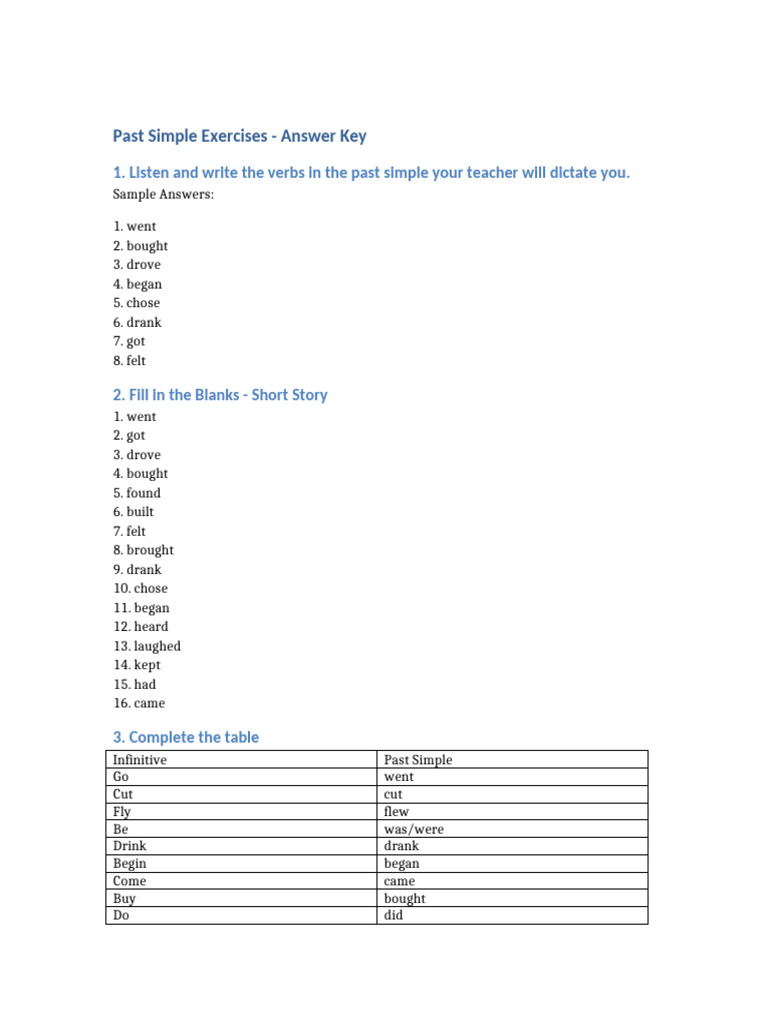 Past Simple Exercises Answer Key | PDF