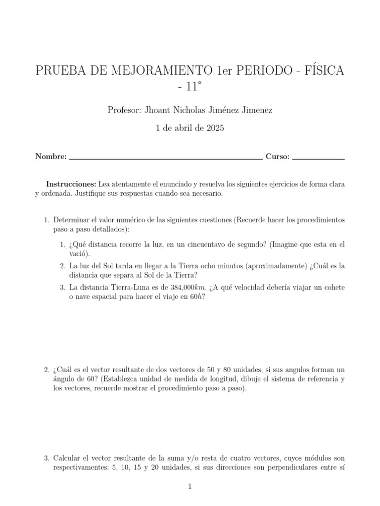 Prueba de Mejoramiento 1 Fis 11 | PDF