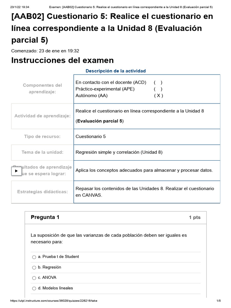 9-10 b2 Examen - (AAB02) Cuestionario 5 - Realice El Cuestionario en Línea Correspondiente A La ...