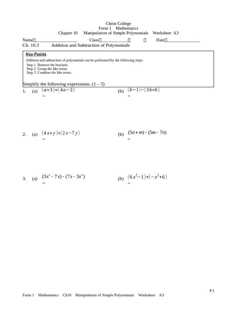 F1 - Manipulation of Simple Polynomials - A3 | PDF | Subtraction ...