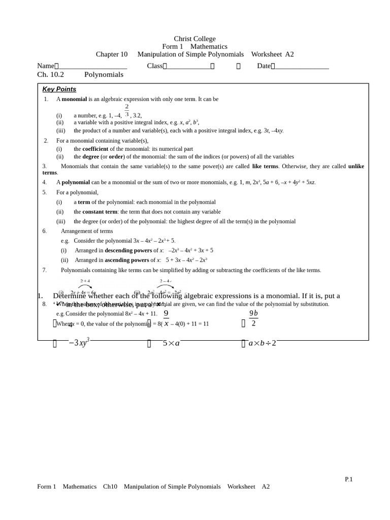 F1 - Manipulation of Simple Polynomials - A2 | PDF | Polynomial | Algorithms