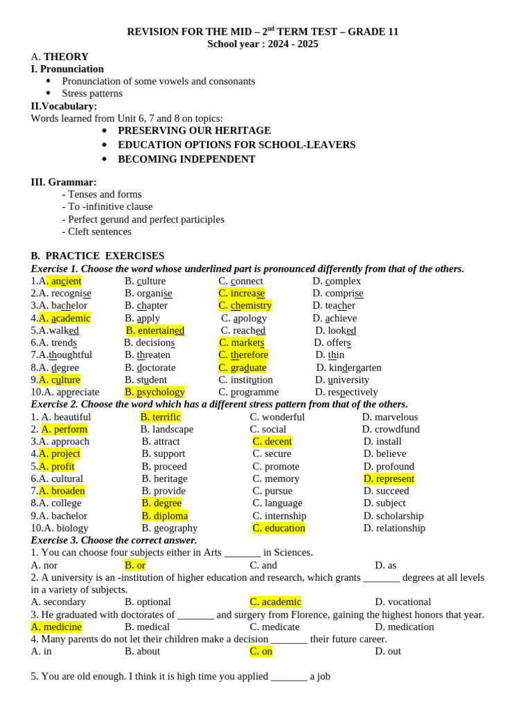 E11 Key Revision For The Mid 2ND Term 2025 | PDF | Academic Degree | Undergraduate Education