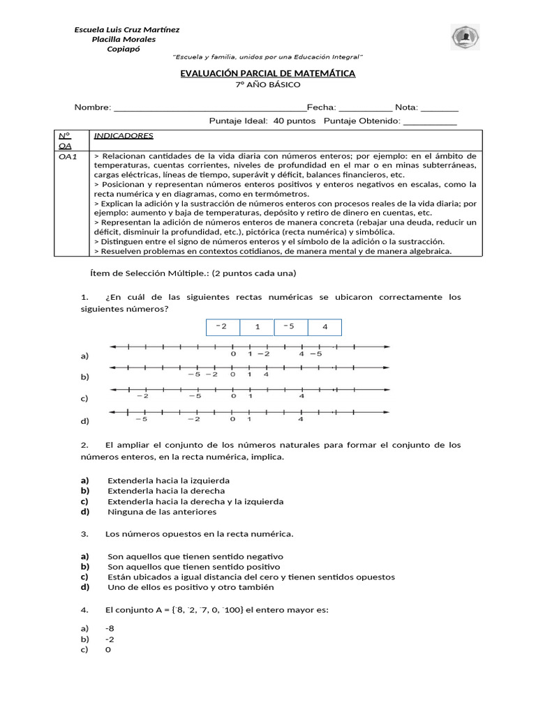 Cuarta Evaluacion Séptimo | PDF | Entero | Sustracción