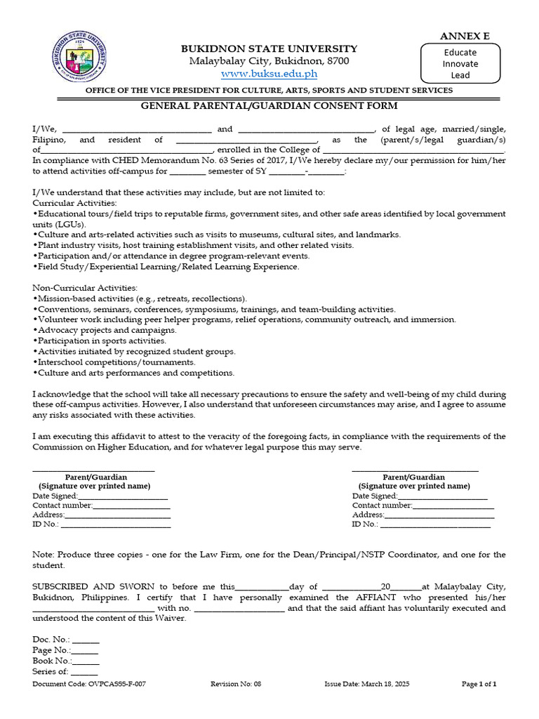 Ovpcasss F 007.general Parental Guardian Consent Form | PDF | Affidavit