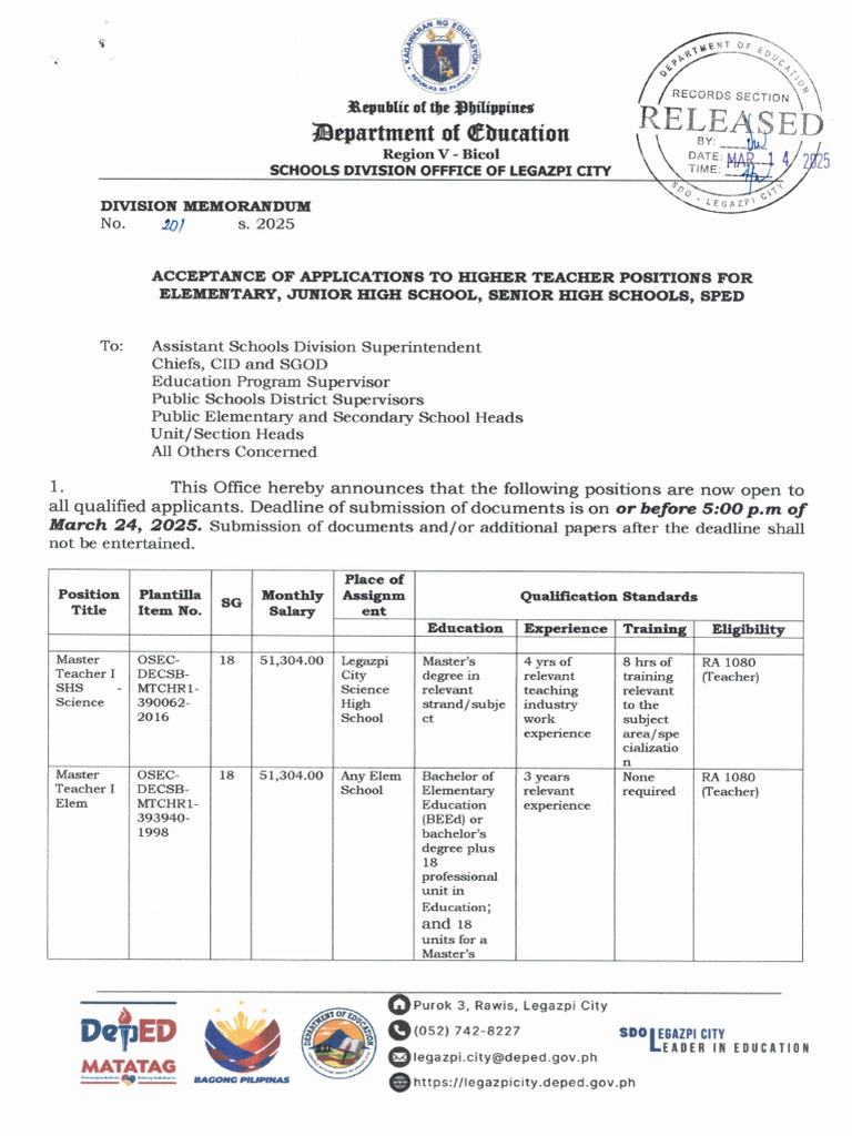 DM No. 201, S. 2025 Acceptance of Applications To Higher Teacher ...