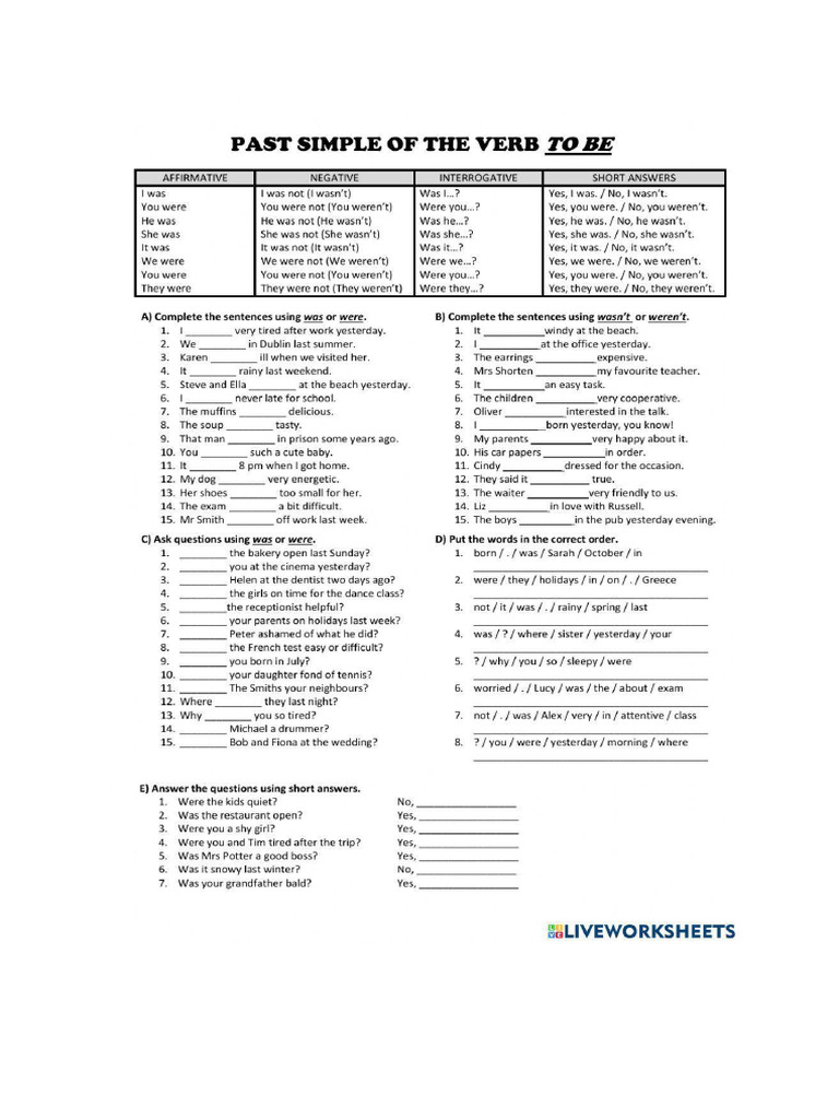 Past Simple - Verb To Be - Activities I | PDF
