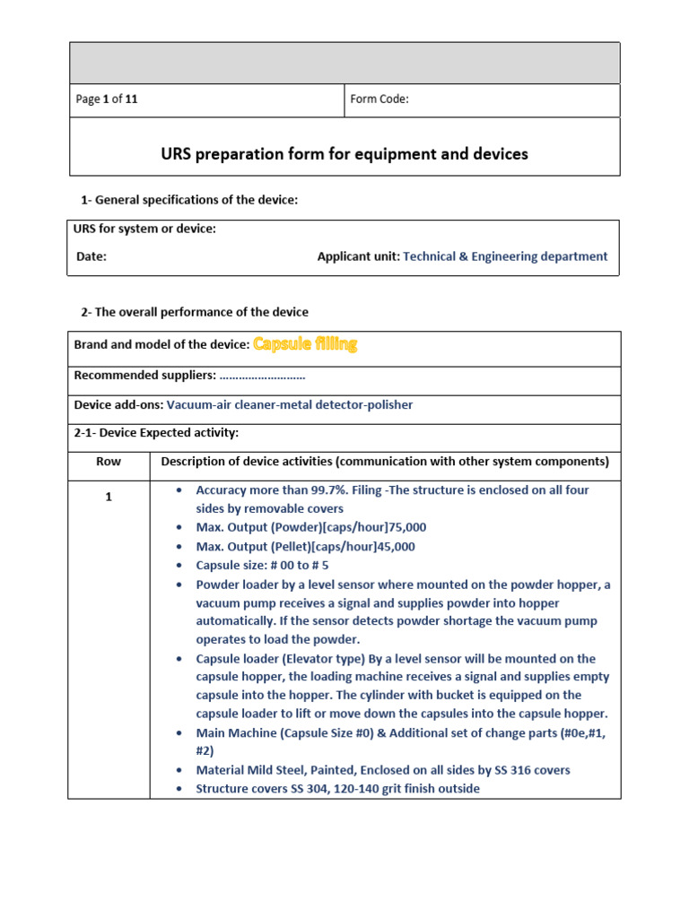 URS For Capsule Filling Machine | PDF | Manufactured Goods | Electrical ...