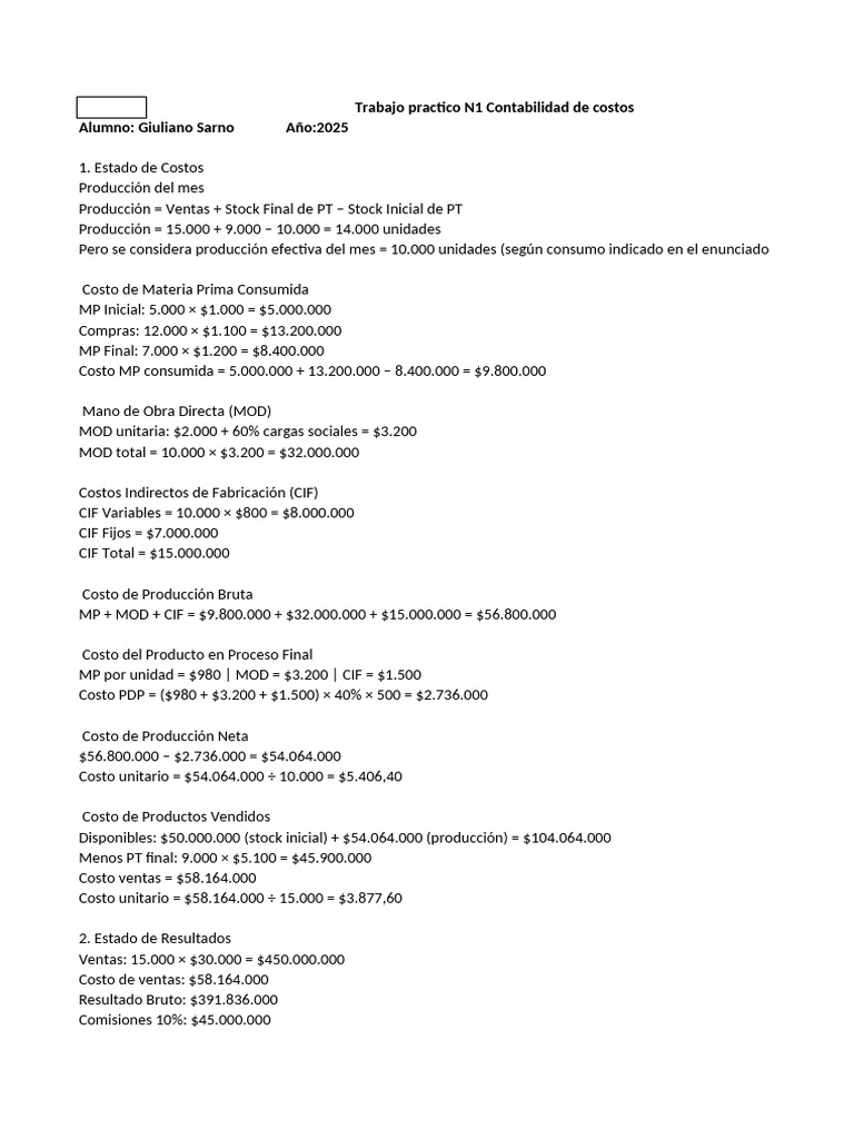 Tp1 de Contabilidad de Costos | PDF