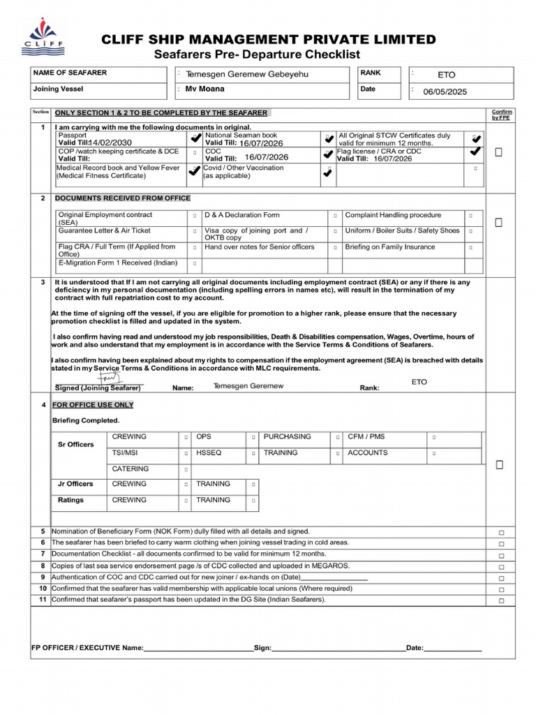 Pre Departure Checklist - Cliff | PDF