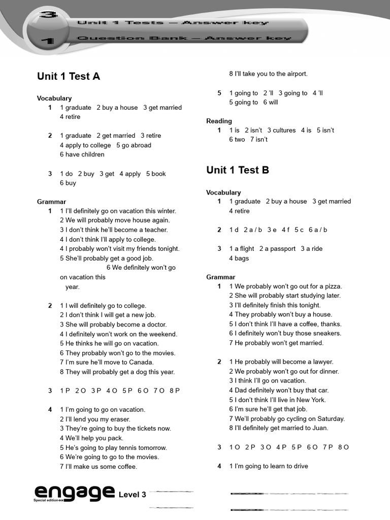 Engage 3 Unit 1 Tests Answer Key | PDF