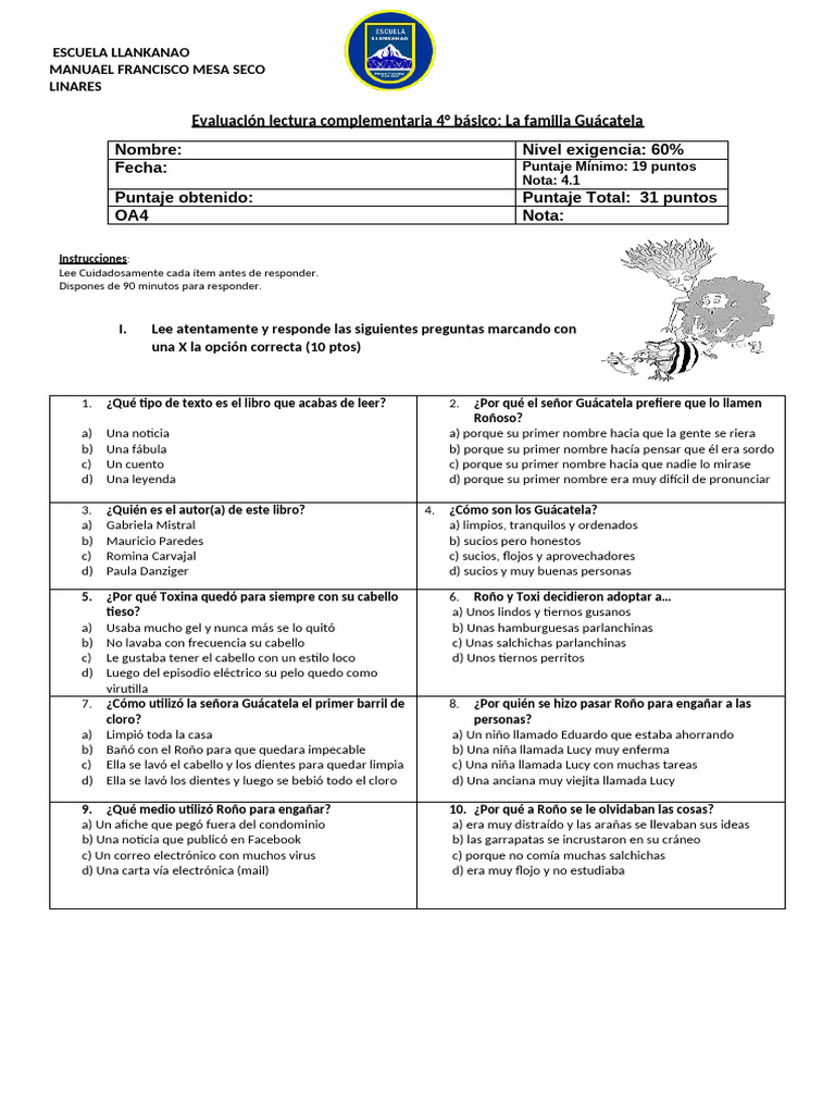 Evaluación 4° Básico Lectura Complementaria Sofía y Agustín Ponce | PDF