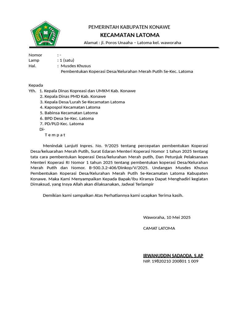 Undangan Musdes Khusus Pemerintah Kabupaten Konawe | PDF