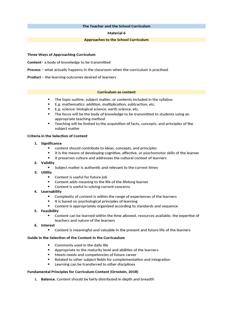 TSC - Material 6. Approaches To The School Curriculum - Content, Process, Product | PDF ...