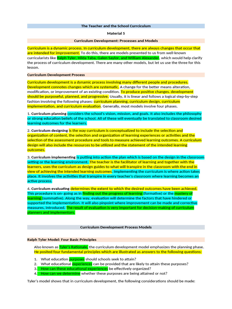 TSC - Material 5. Curriculum Development - Process and Models | PDF ...