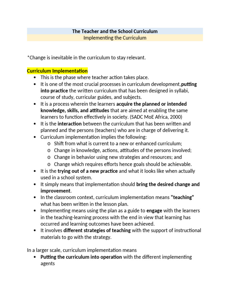 TSC - Material 8. Implementing The Curriculum | PDF | Curriculum | Teachers