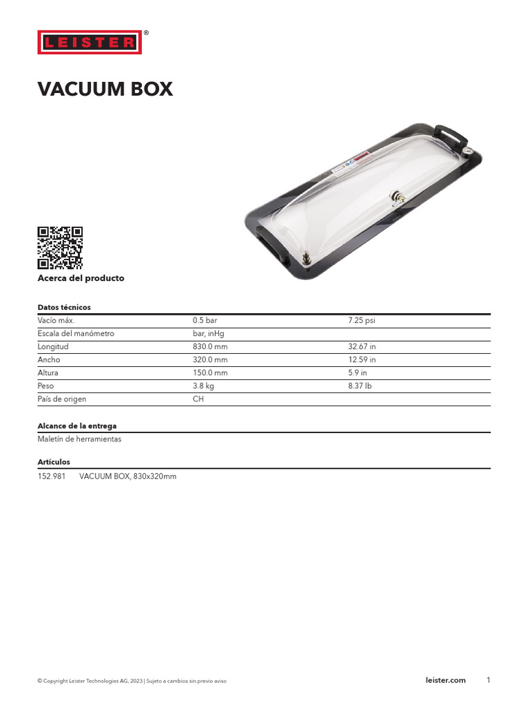 Especificaciones de Vacuum Box 830x320mm | PDF