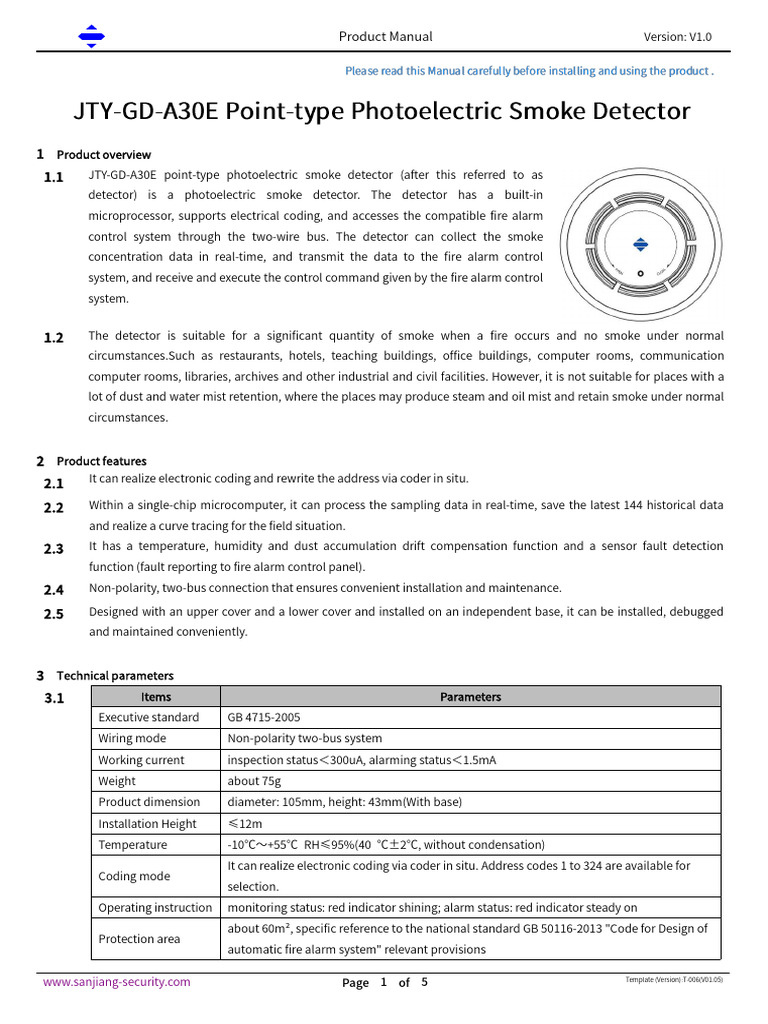 JTY GD A30E Addressable Smoke Detector | PDF | Sensor | Smoke