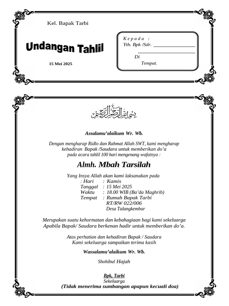 Undangan Tahlil 100 Hari | PDF