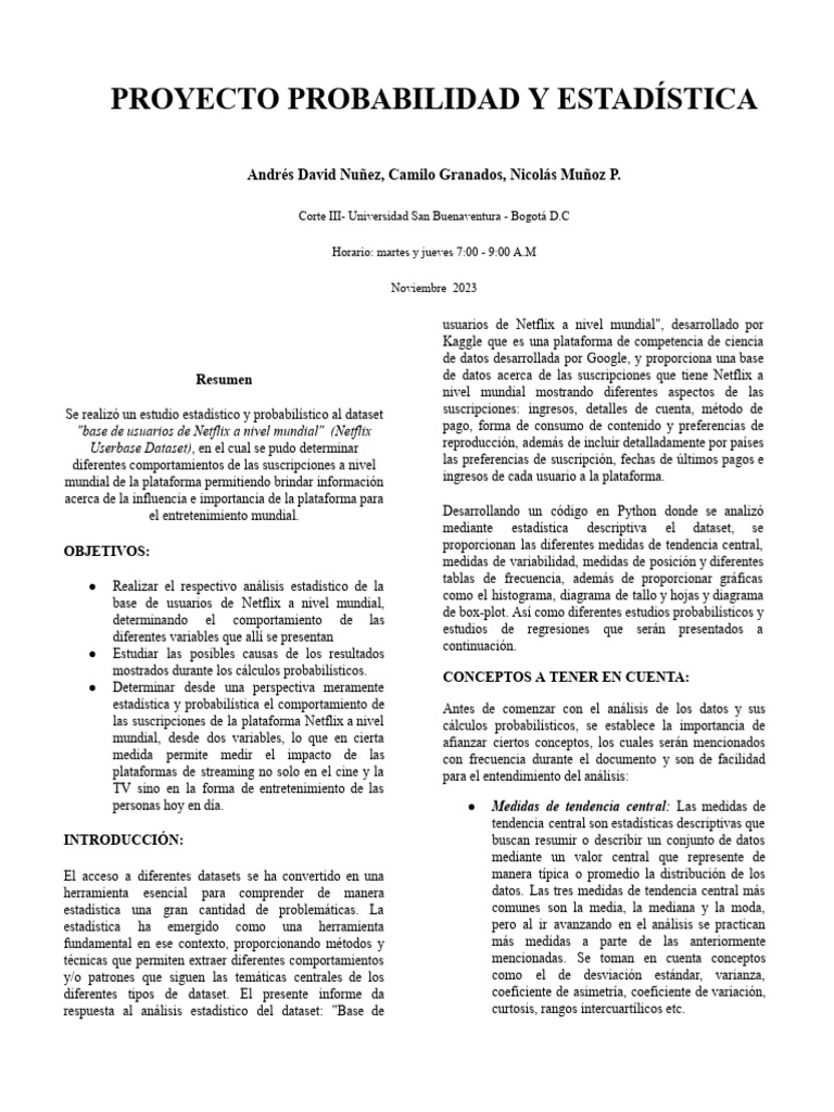 Informe Final - Proyecto Probabilidad y estadística | PDF | Estadísticas | Media