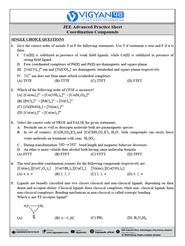 Coordination Compounds Practice Sheet 1 | PDF | Coordination Complex | Ligand