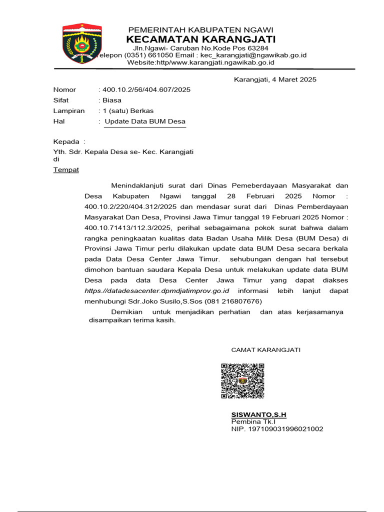 SURAT PMD Update Data BUMDesa | PDF