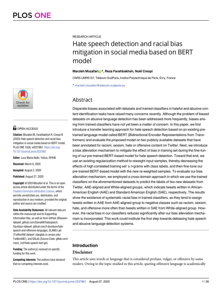 Hate Speech Detection and Racial Bias Mitigation in Social Media based on BERT model | PDF ...