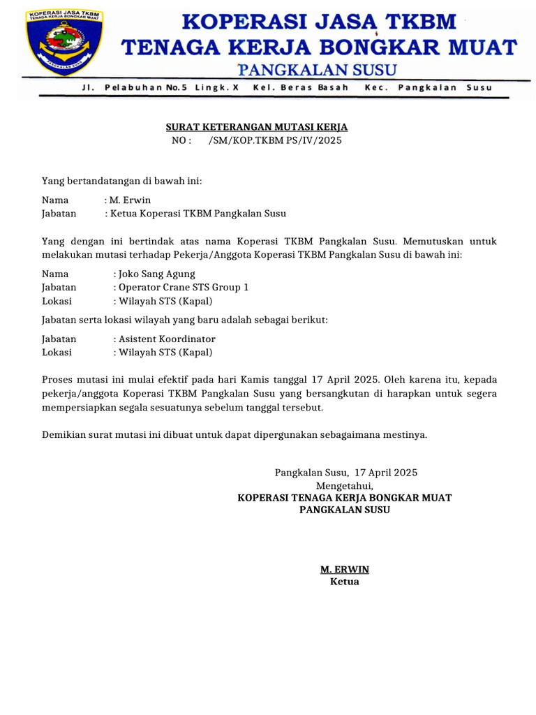 Surat Keterangan Mutasi Pekerja | PDF