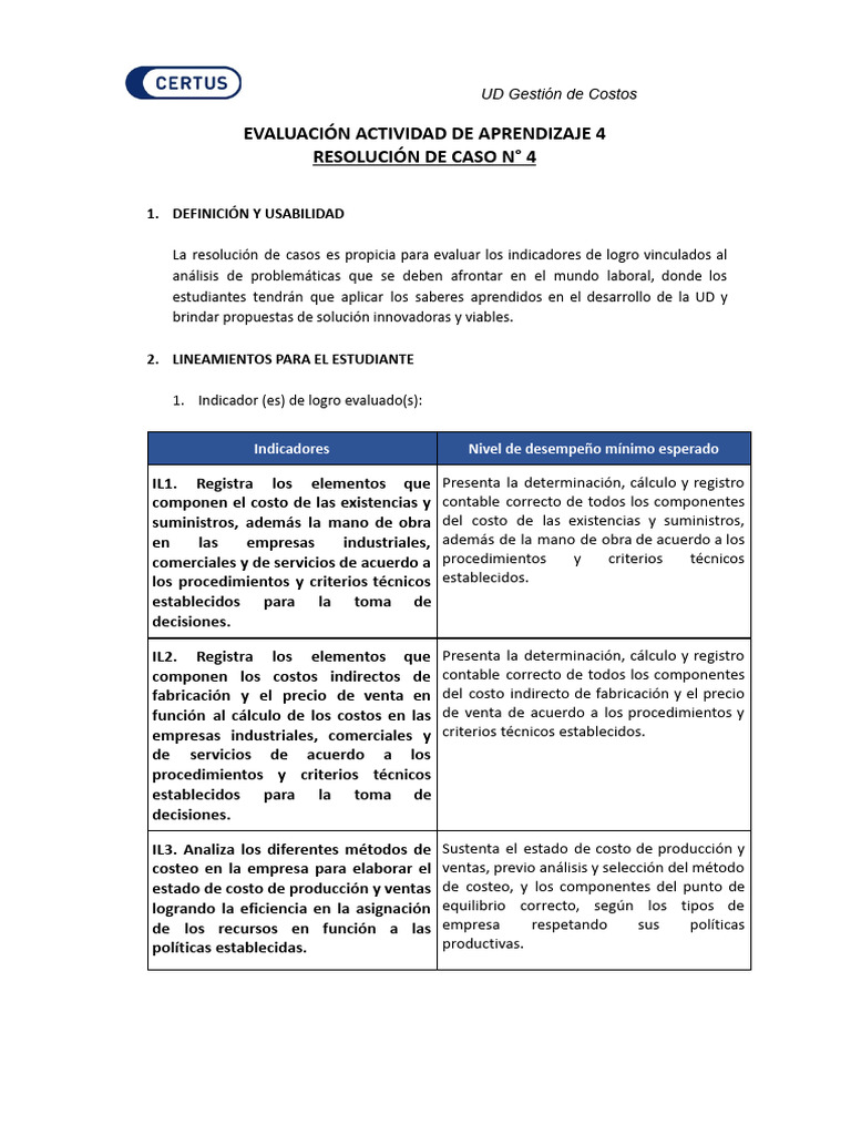 Lineamientos de Evaluación Aa4 - Ud Gestión de Costos | PDF | Business | Contabilidad