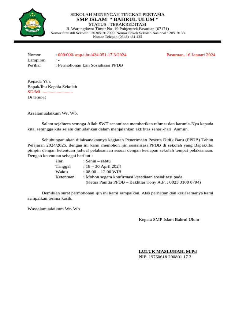 Surat Permohonan Sosialisasi PPDB | PDF
