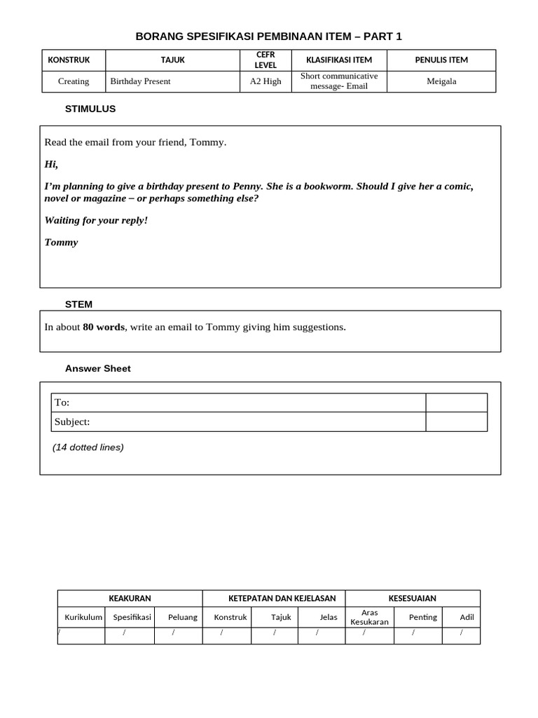 Borang Spesifikasi Pembinaan Item Uasa 2024 Bi Tingkatan 3 | PDF