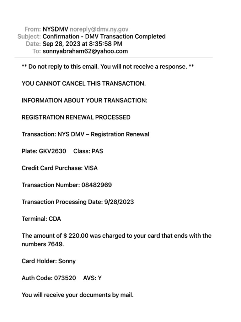 Confirmation - DMV Transaction Completed | PDF | Department Of Motor ...