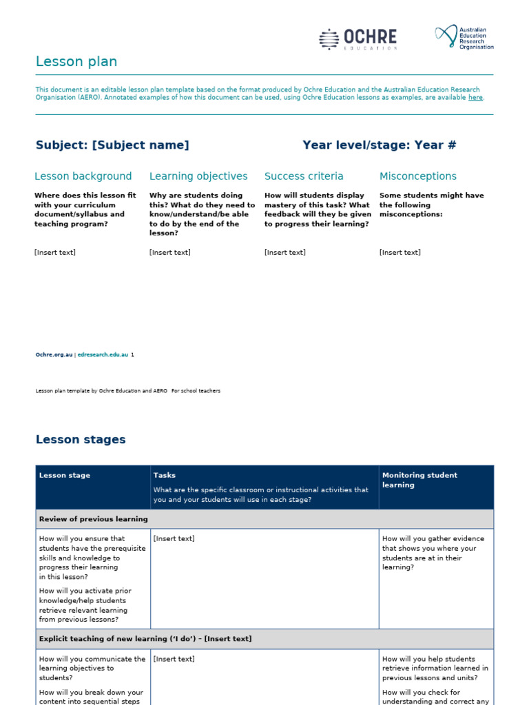 Ochre Aero Template Lesson Plan | PDF | Lesson Plan | Learning