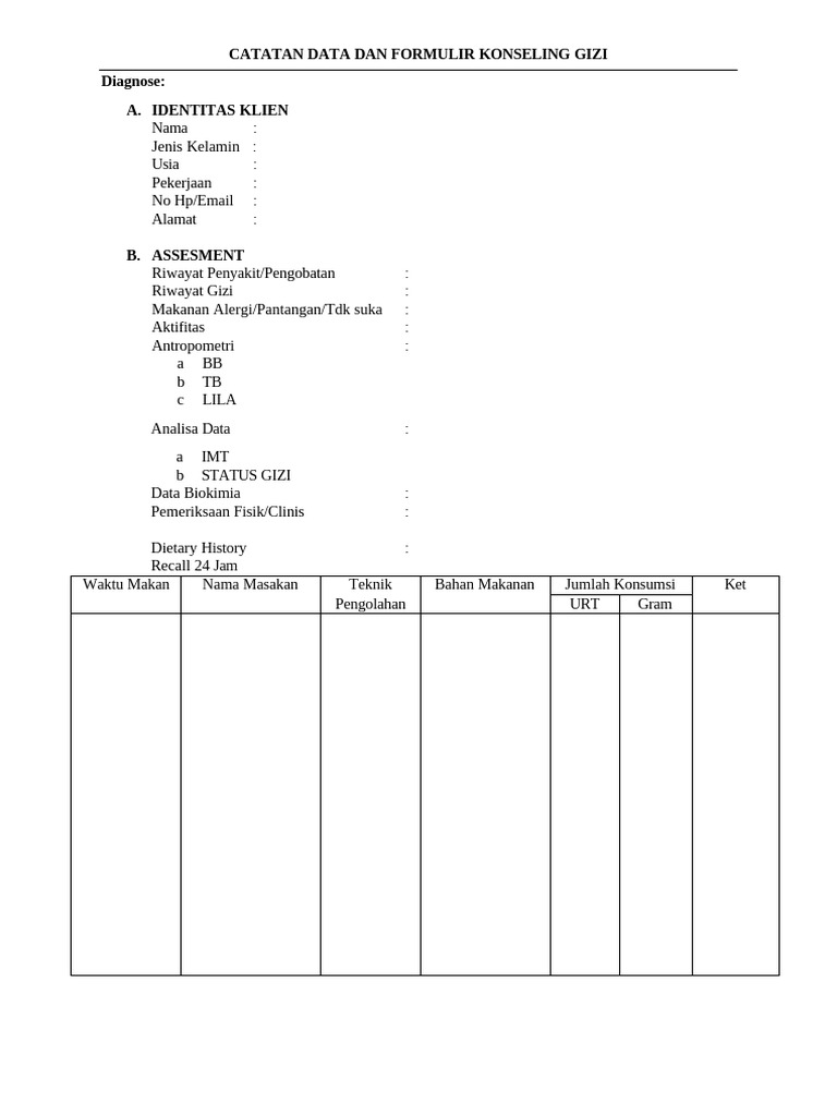 Catatan Data Dan Formulir Konseling Gizi | PDF