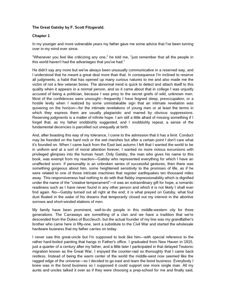 The Great Gatsby Chapter 1 Summary | PDF | The Great Gatsby