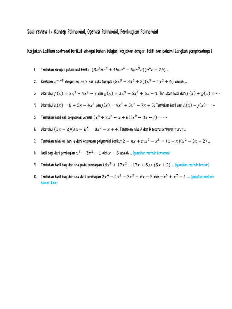 Soal review 1 polinomial | PDF