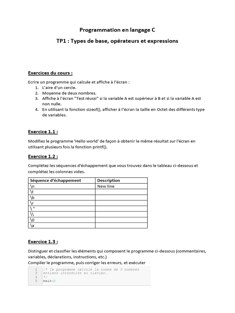 TP1 : Introduction au langage C | PDF | Programme informatique ...