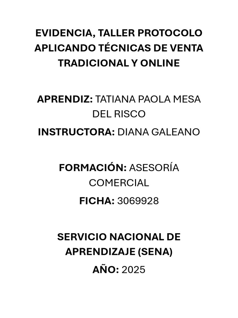 Taller Protocolo Aplicando Técnicas de Venta Tradicional y Online. | PDF | Las compras en línea ...