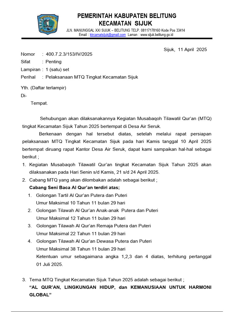 Surat Pemberitahuan MTQ TK - Kec.sijuk 2025 | PDF