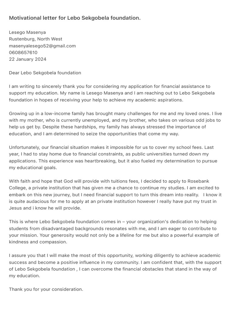 Motivational Letter for Lebo Sekgobela Foundation. 3 | PDF