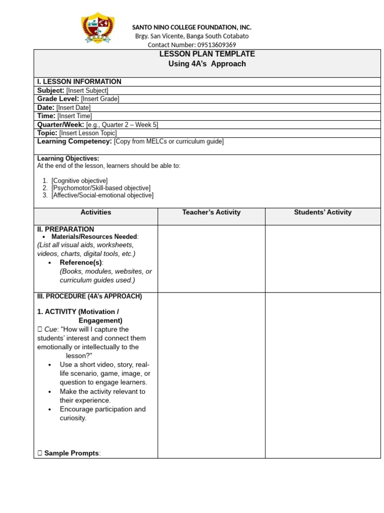 Lesson Plan Template: 4A's Approach | PDF | Learning | Lesson Plan