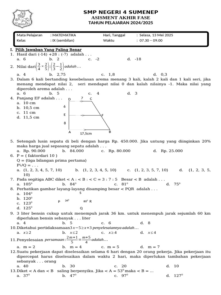 Soal Ujian Akhir Sekolah Matematika Kelas 9 2024-2025 | PDF
