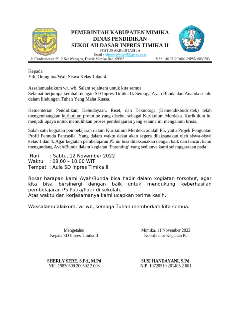 Undangan Parenting P5 SD Inpres Timika II | PDF