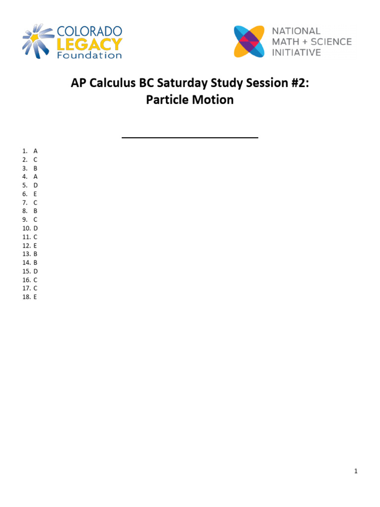 AP Calculus BC Particle Motion Solutions | PDF