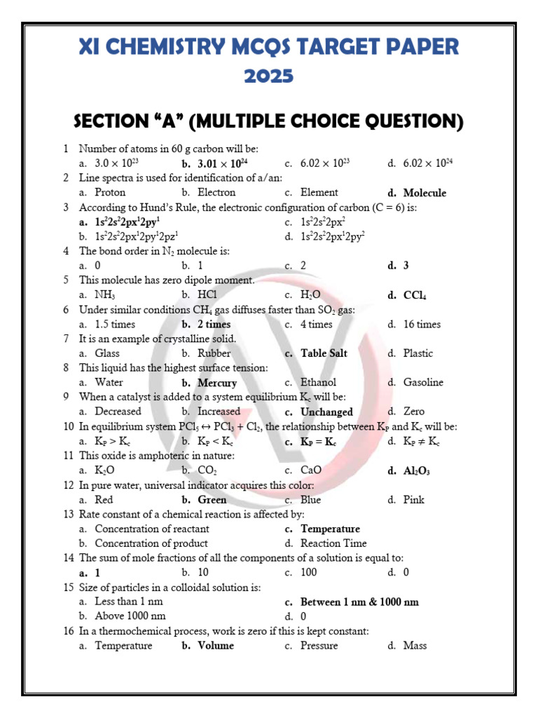 Xi Chemistry MCQS Target Paper 2025 | PDF | Chemical Reactions | Enthalpy