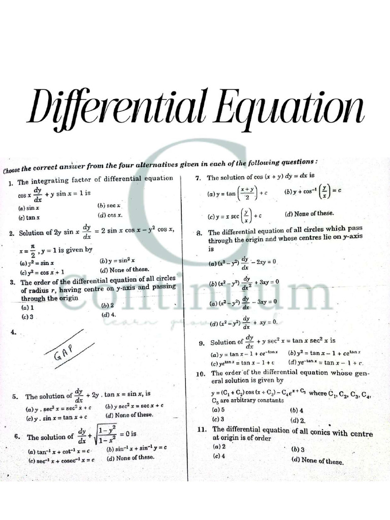 DIFFERENTIAL EQUATIONS MCQs | PDF