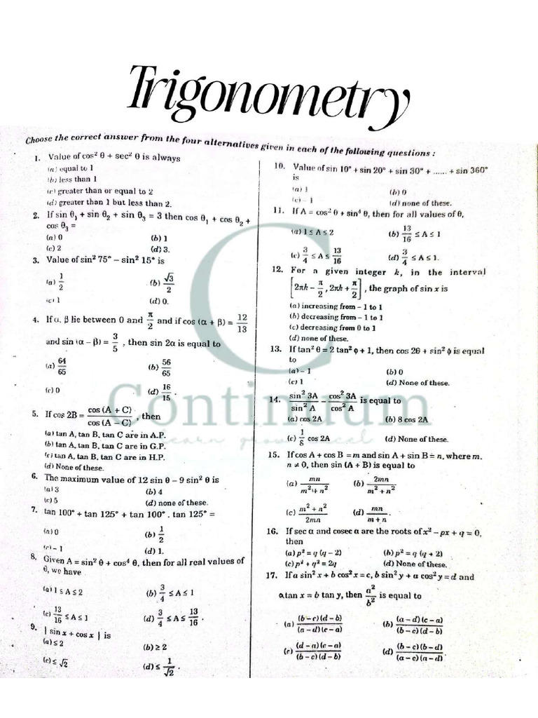Trigonometry Mcqs | PDF
